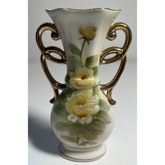 Accents | Bud Vase Enesco Hand Painted Yellow Roses Gold Trim Handles ...